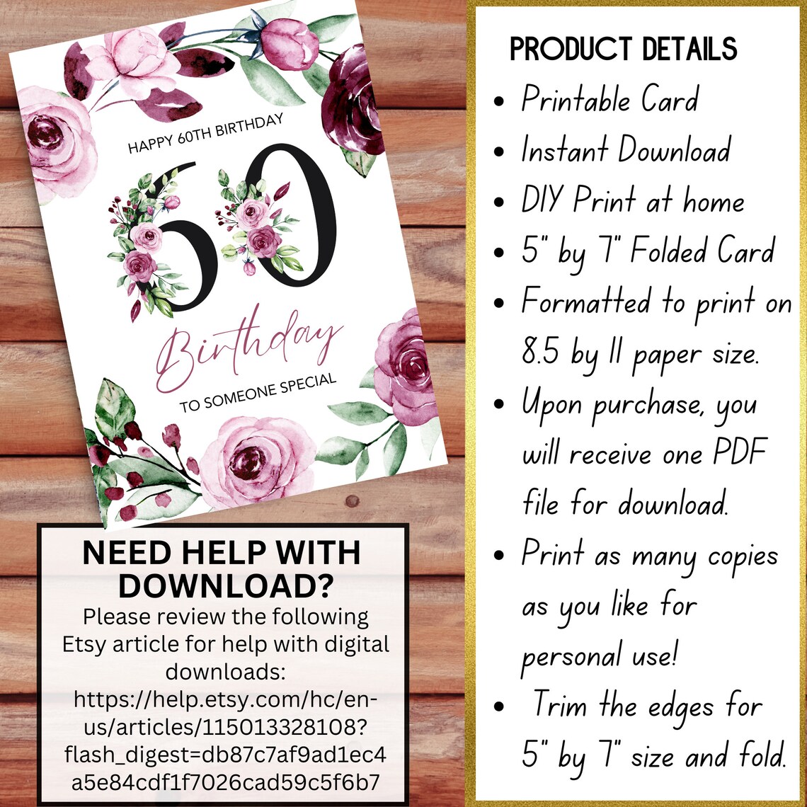 Printable 60th Happy Birthday Card Instant Download Blank Interior 60th ...