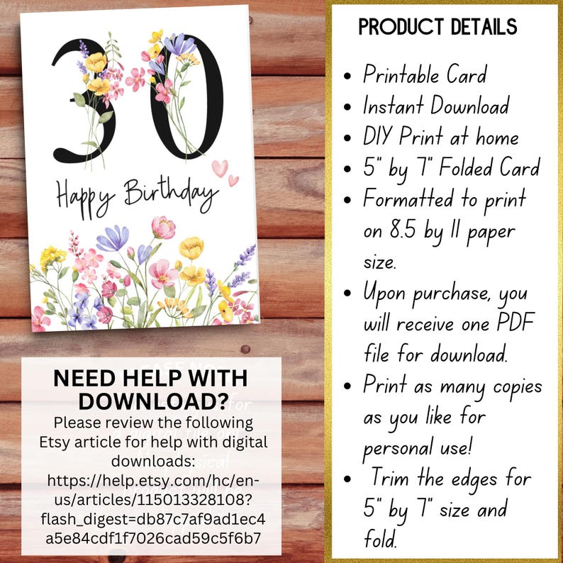 Printable 30th Birthday Card 30th Birthday Milestone Blank Card for ...