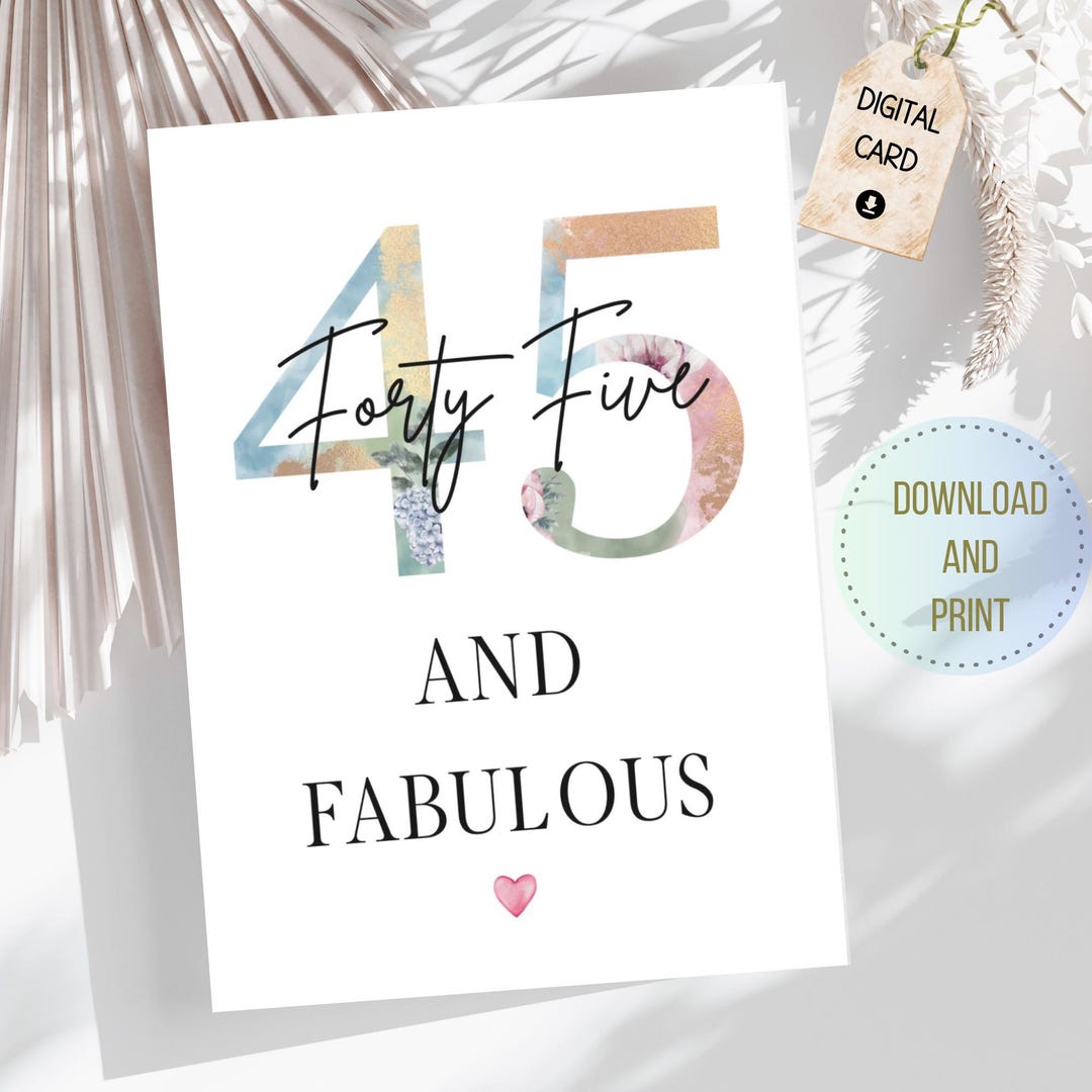 Printable 45th Happy Birthday Card DIY Instant Download Blank Interior ...