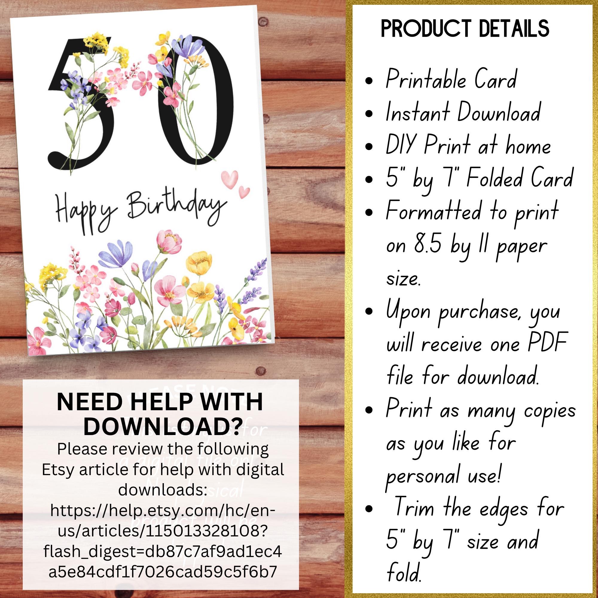 Printable 50th Birthday Card 50th Birthday Milestone Blank Card for ...