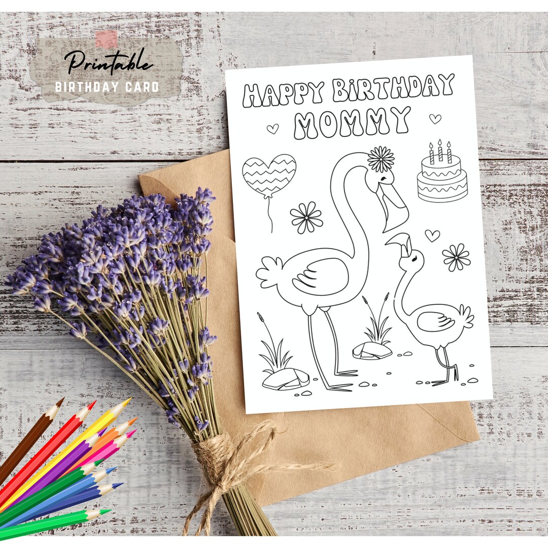 Printable Mom Birthday Coloring Card Activity Flamingo Mom and Baby ...