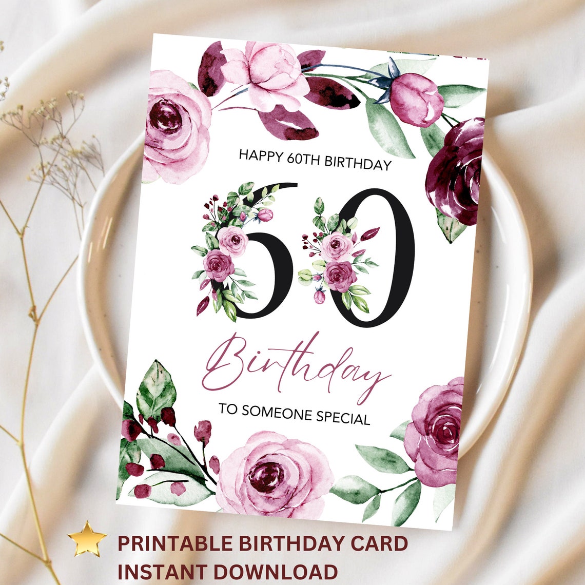 Printable 60th Happy Birthday Card Instant Download Blank Interior 60th ...