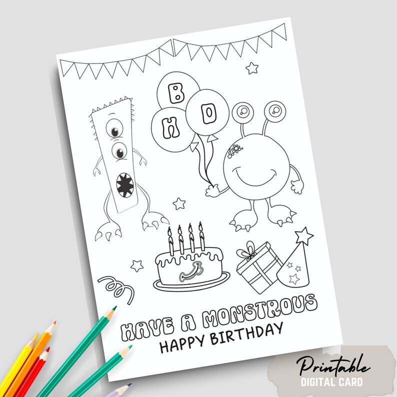 Monster Birthday Coloring Card Boy Birthday Greeting Card Printable ...