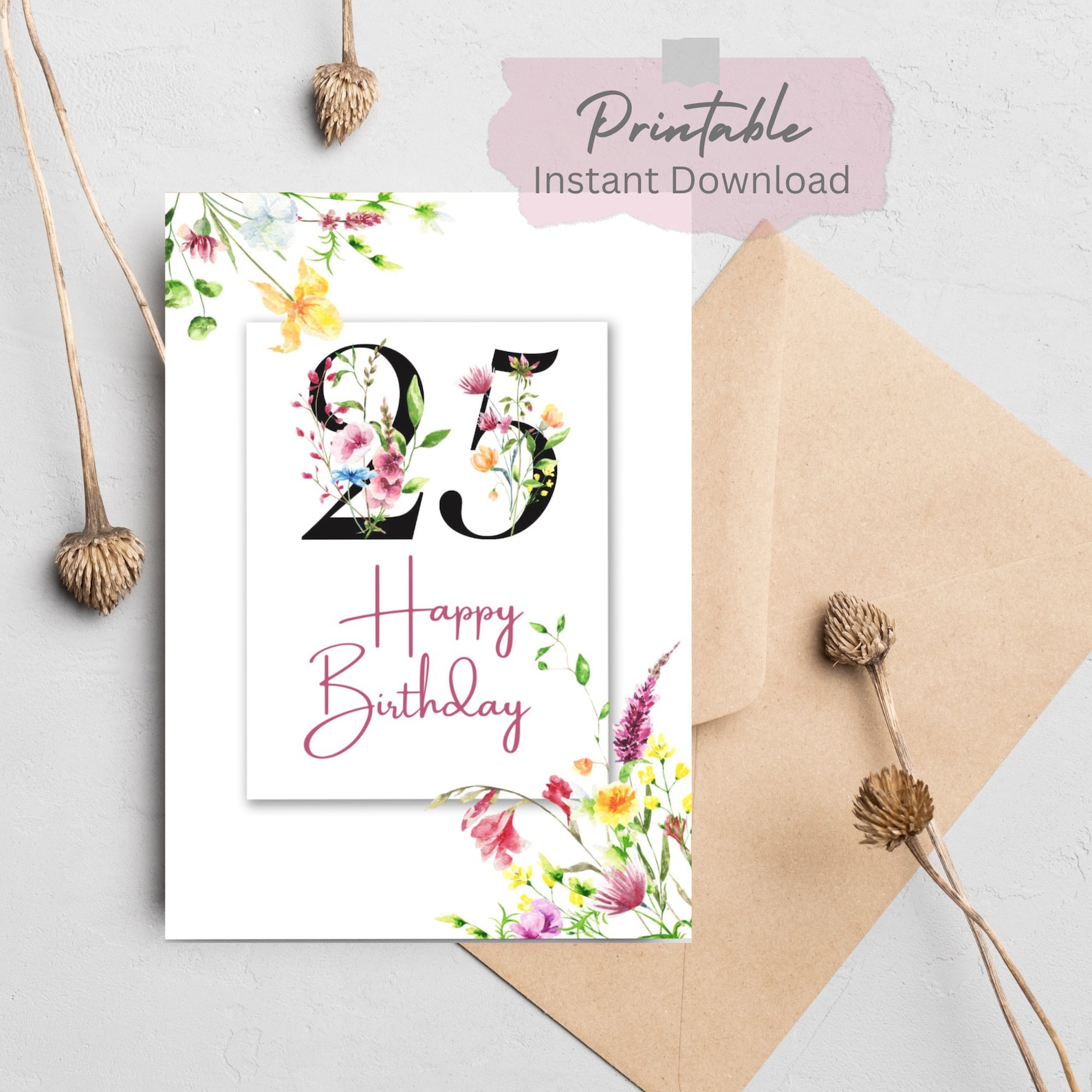 Printable 25th Happy Birthday Card Instant Download Blank Interior 25th ...