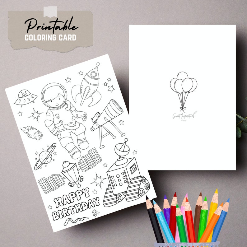 Printable Birthday Coloring Card Activity Space Theme Coloring Card for ...