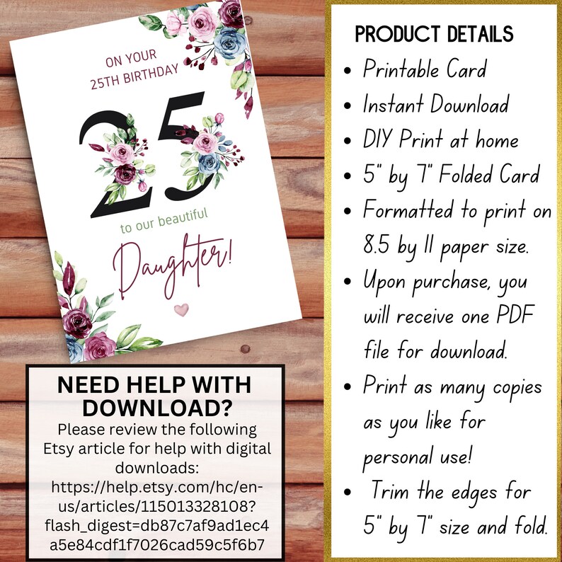Printable 25th Happy Birthday Daughter Card Instant Download Blank ...