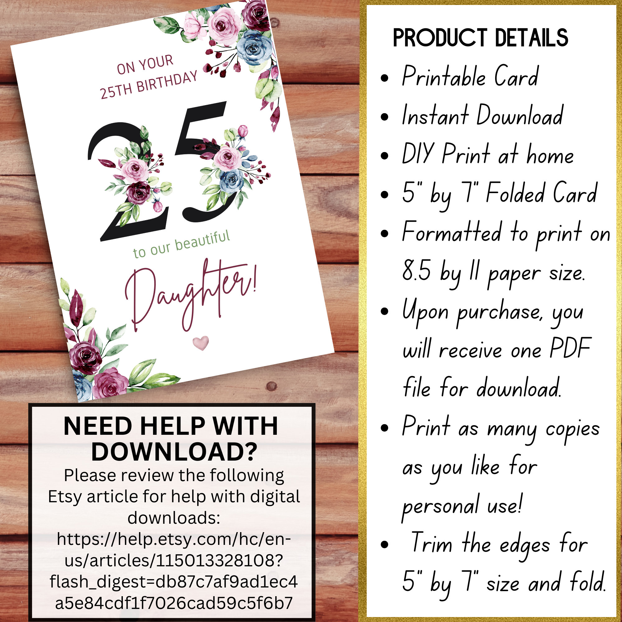 Printable 25th Happy Birthday Daughter Card Instant Download Blank ...