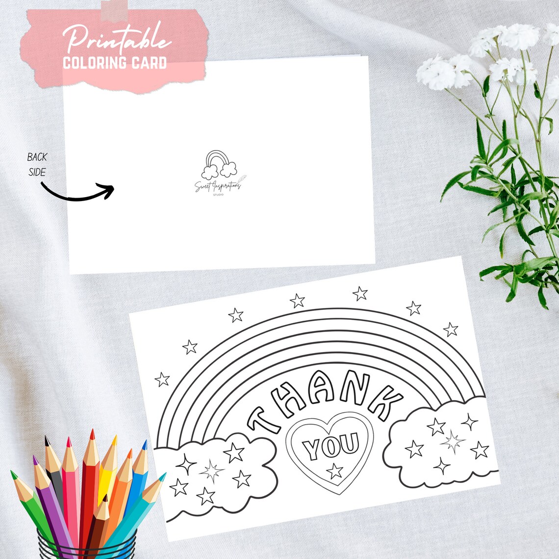 Printable Thank You Coloring Cards Value Pack Color Your Own Fun Thank ...