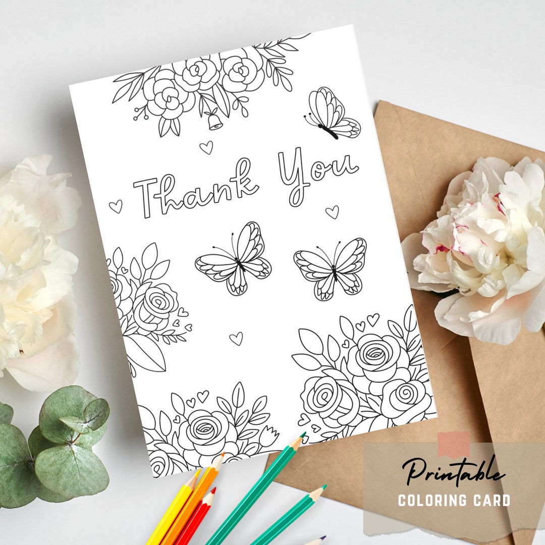 Thank You Coloring Card Rose Bouquet Design Butterfly Card for Kids or ...