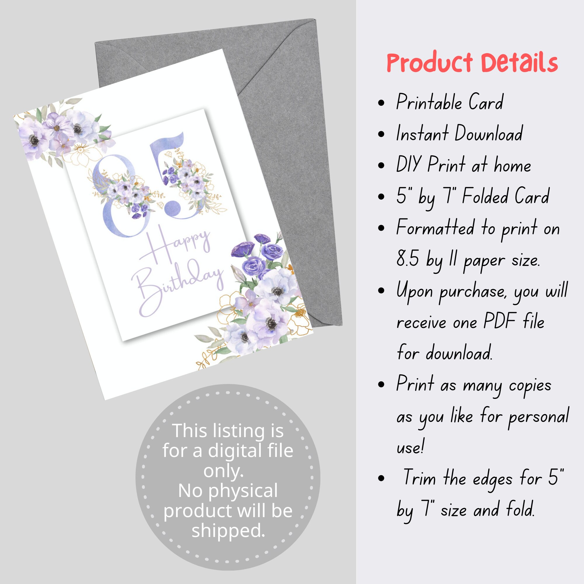 Printable 85th Happy Birthday Card | Instant Download | Blank Interior ...