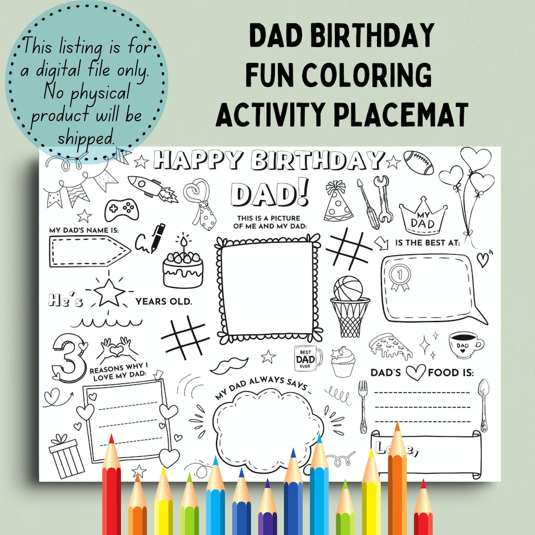 Happy Birthday Dad Coloring Page Activity Placemat Daddy Birthday ...