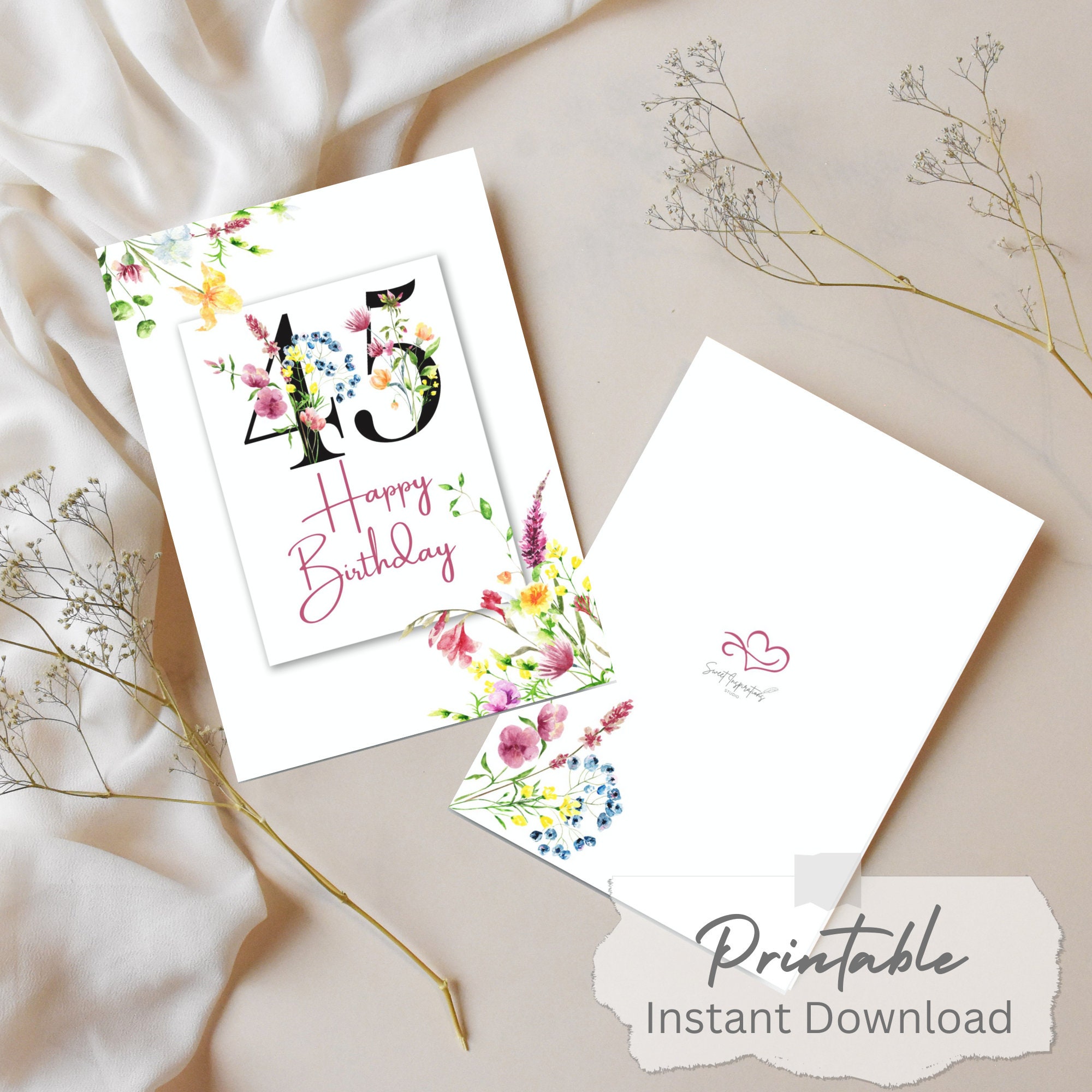 Printable 45th Happy Birthday Card Instant Download Blank - Etsy
