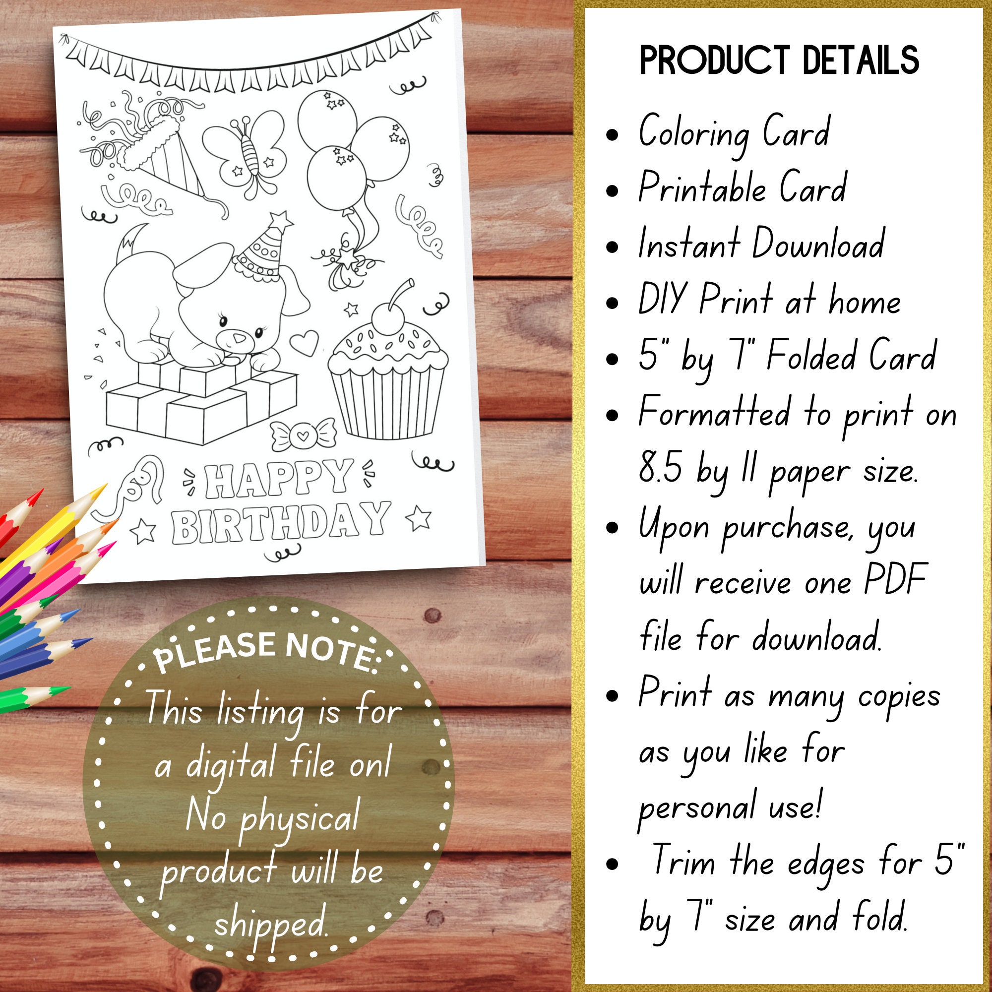 Printable Happy Birthday Coloring Card Activity Cute Puppy Coloring ...