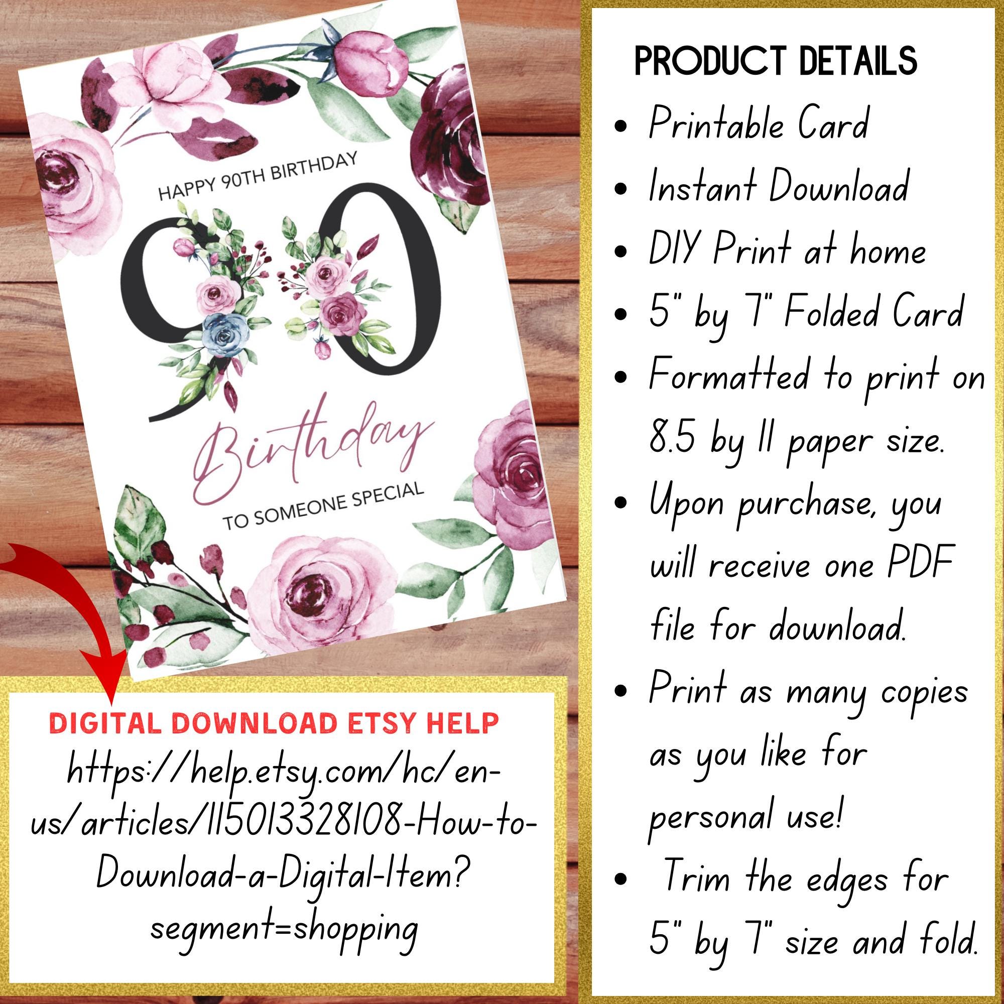 Printable 90th Happy Birthday Card | Instant Download | Blank Interior ...