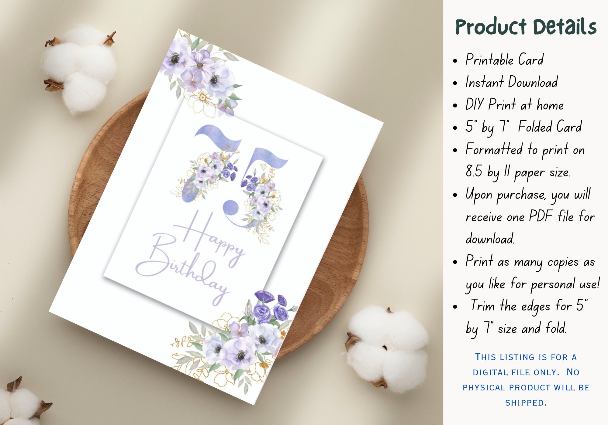 Printable 75th Happy Birthday Card | Instant Download | Blank Interior ...