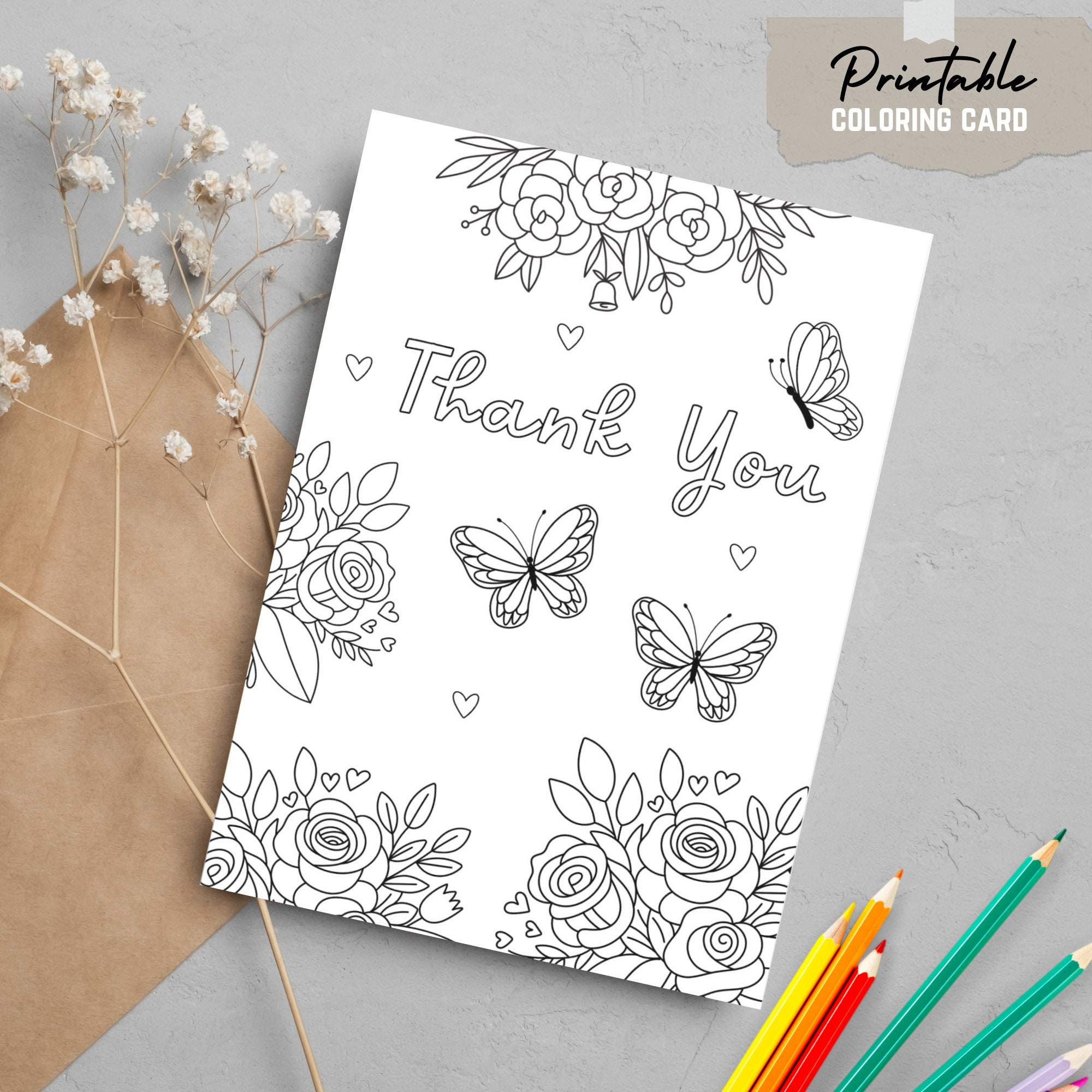 Thank You Coloring Card Rose Bouquet Design Butterfly Card for Kids or ...