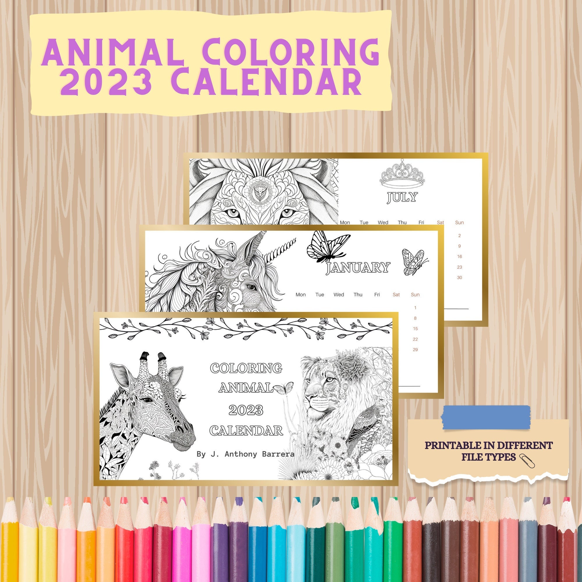 Animal 2023 Coloring Calendar, Printable Wall Calendar, DIY Calendar ...