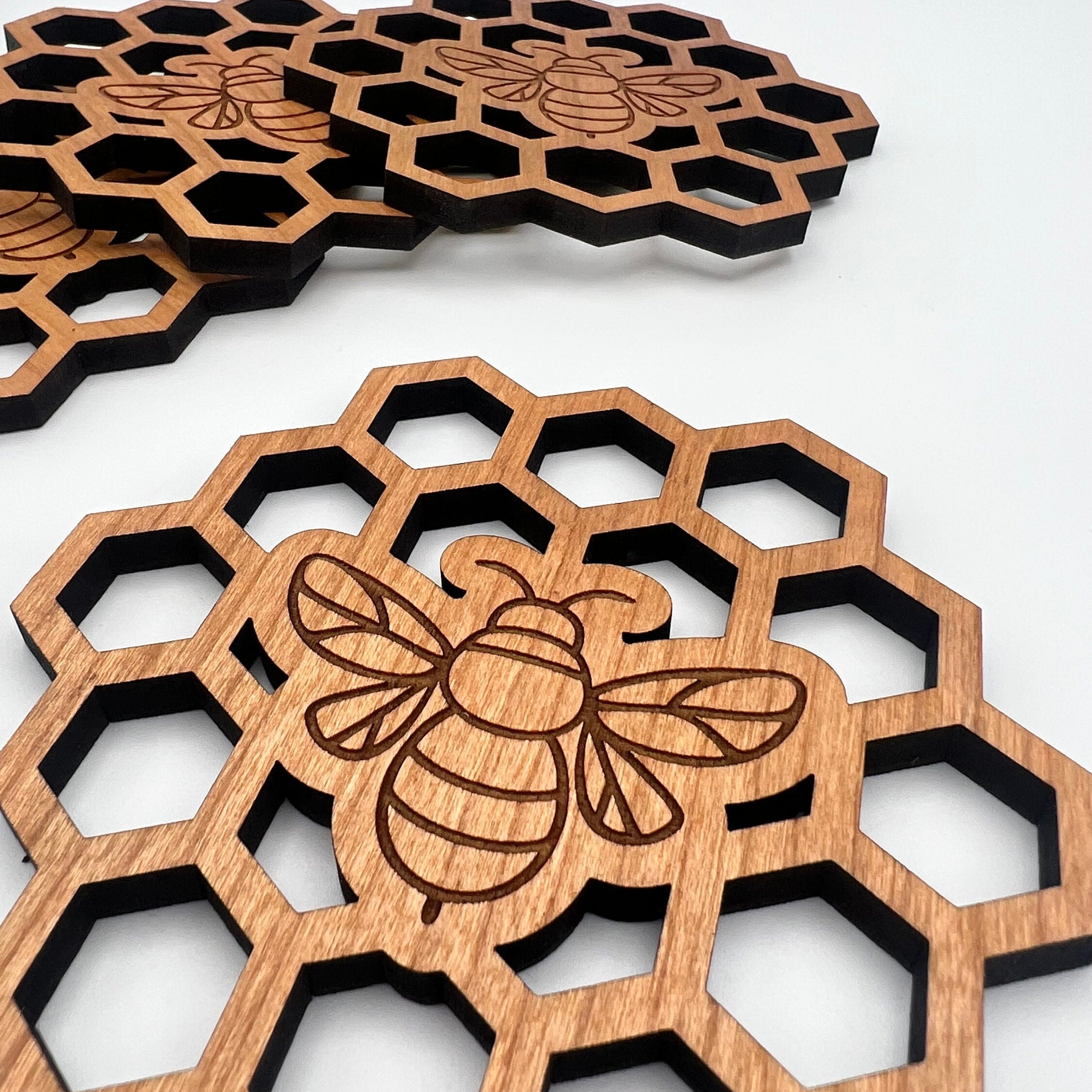 Wooden Honeycomb and Bee Coasters - Table Mats - Coffee Coasters ...