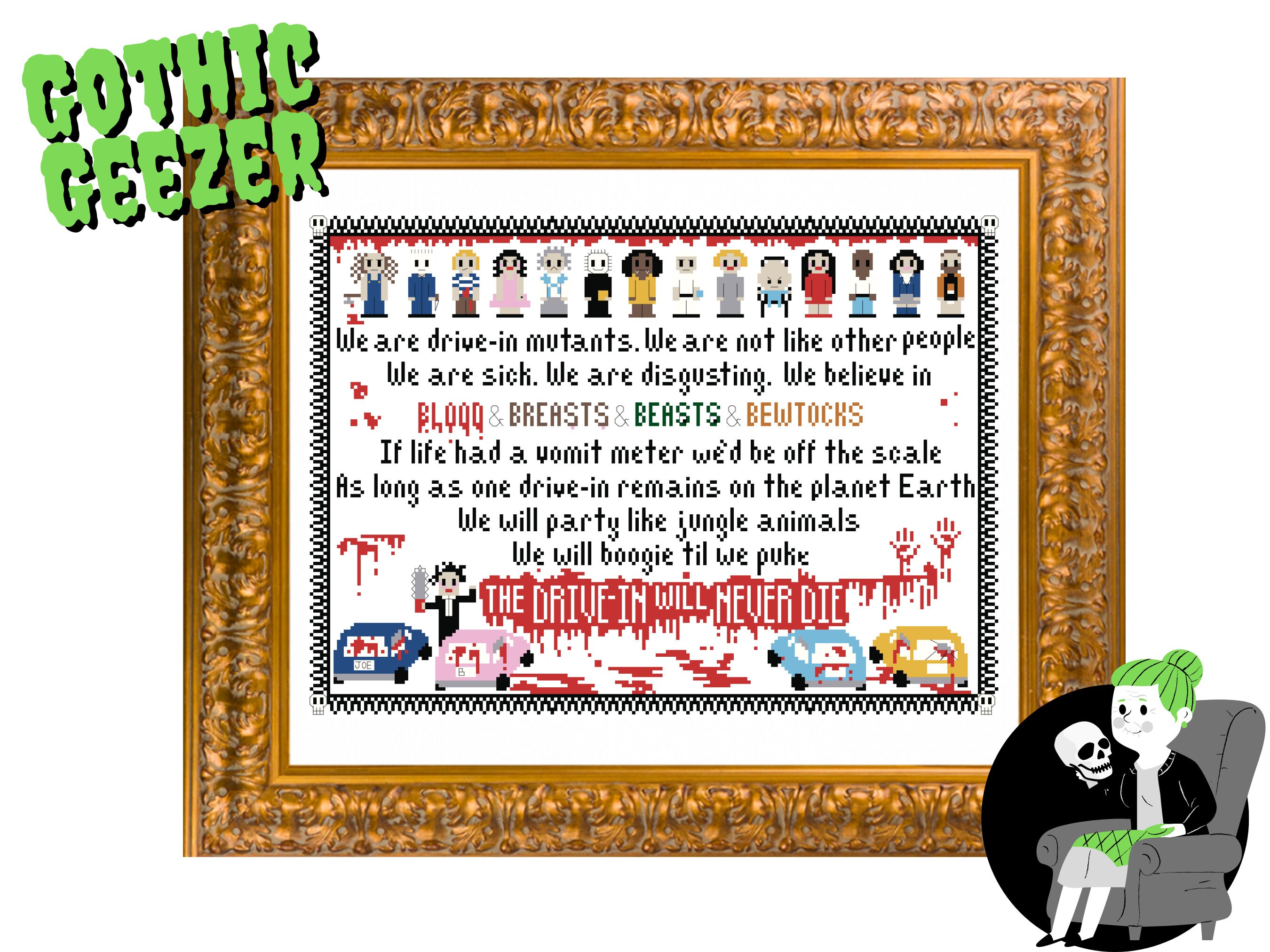 Drive-in Mutant Oath x-stitch Pattern Pattern ONLY Joe Bob Briggs ...