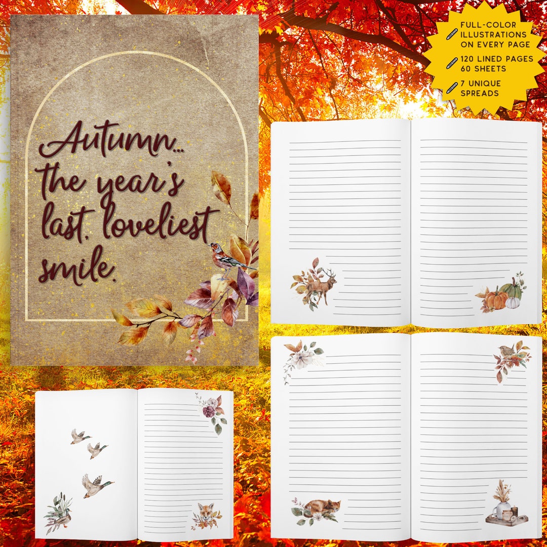 Pretty Autumn Themed Lined Paper Journal Cute Blank Undated Fall Diary ...