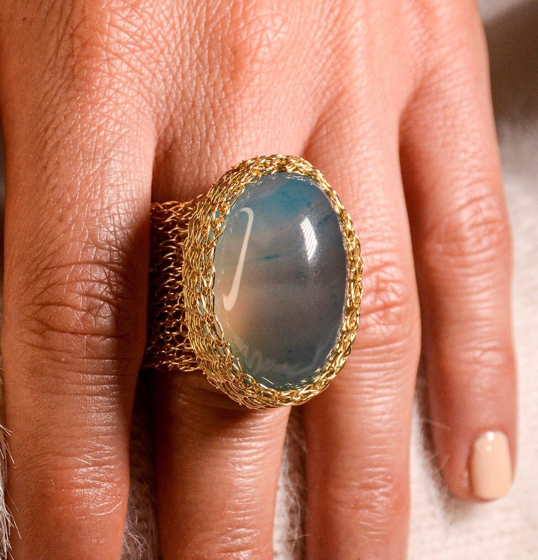 Large Blue Agate Ring Big Blue Crystal Ring Huge Gemstone - Etsy