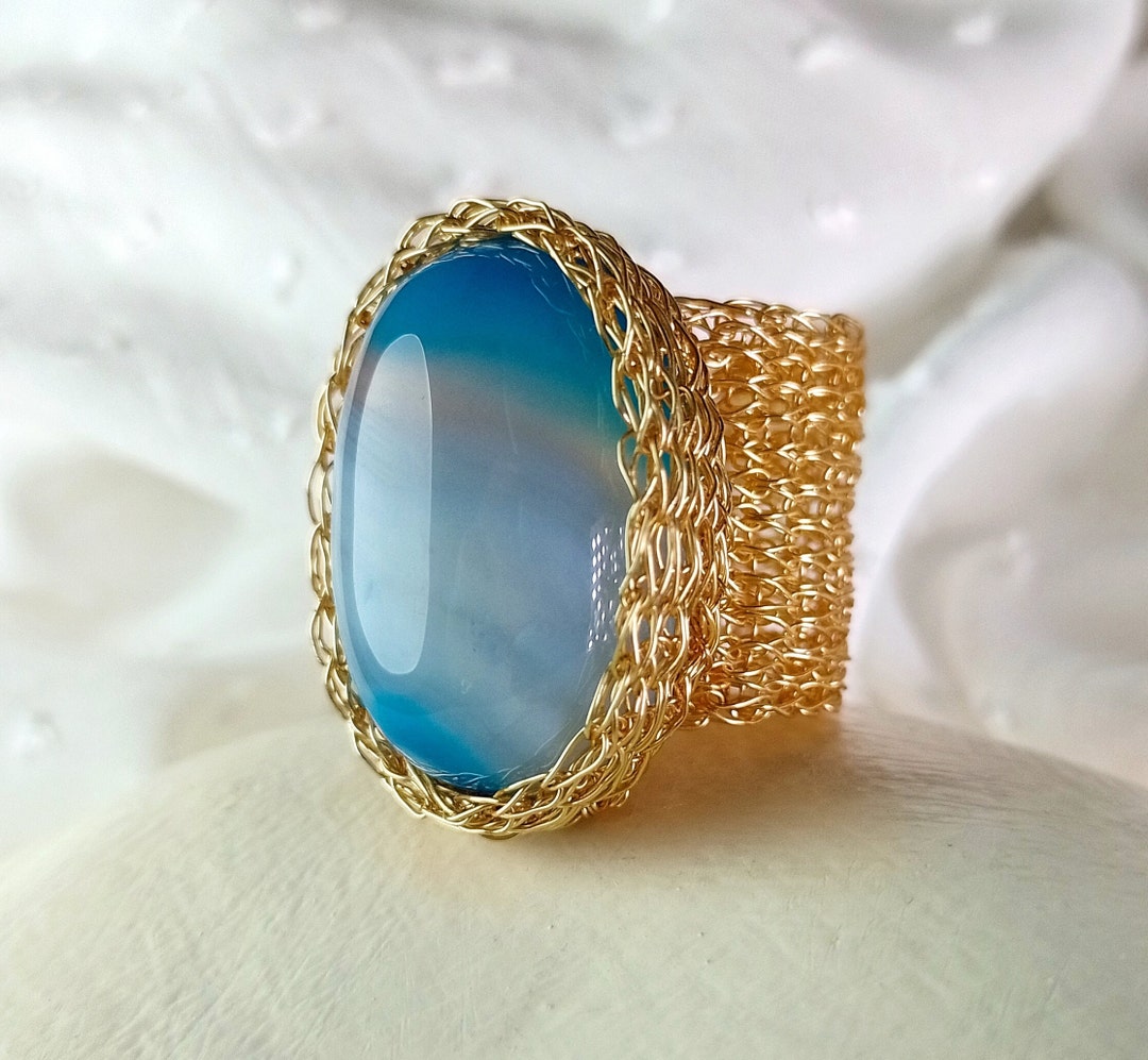 Large Blue Agate Ring Big Blue Crystal Ring Huge Gemstone - Etsy