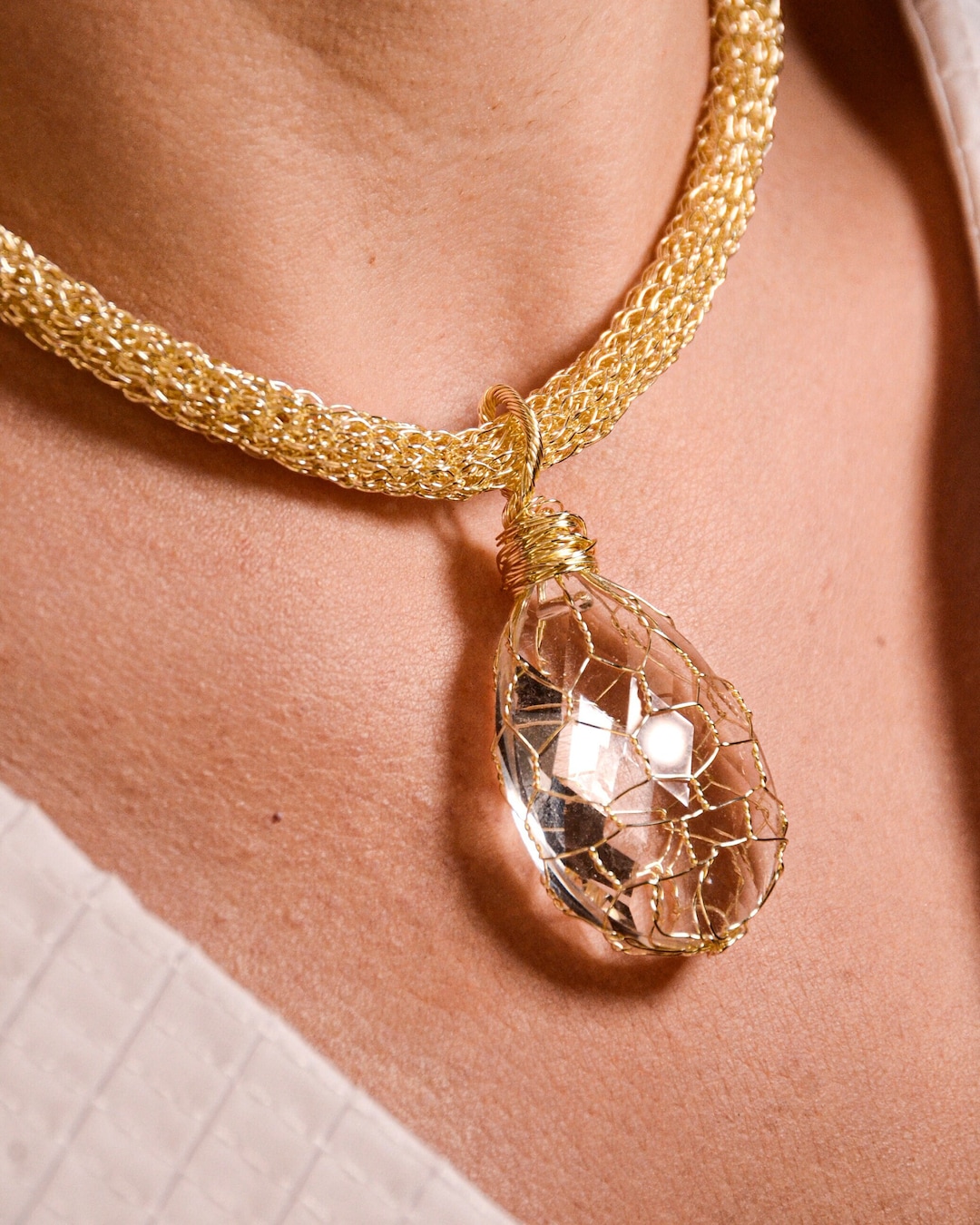 Large Crystal Quartz Pendant Necklace: Gold Gemstone, Chunky Chain - Etsy