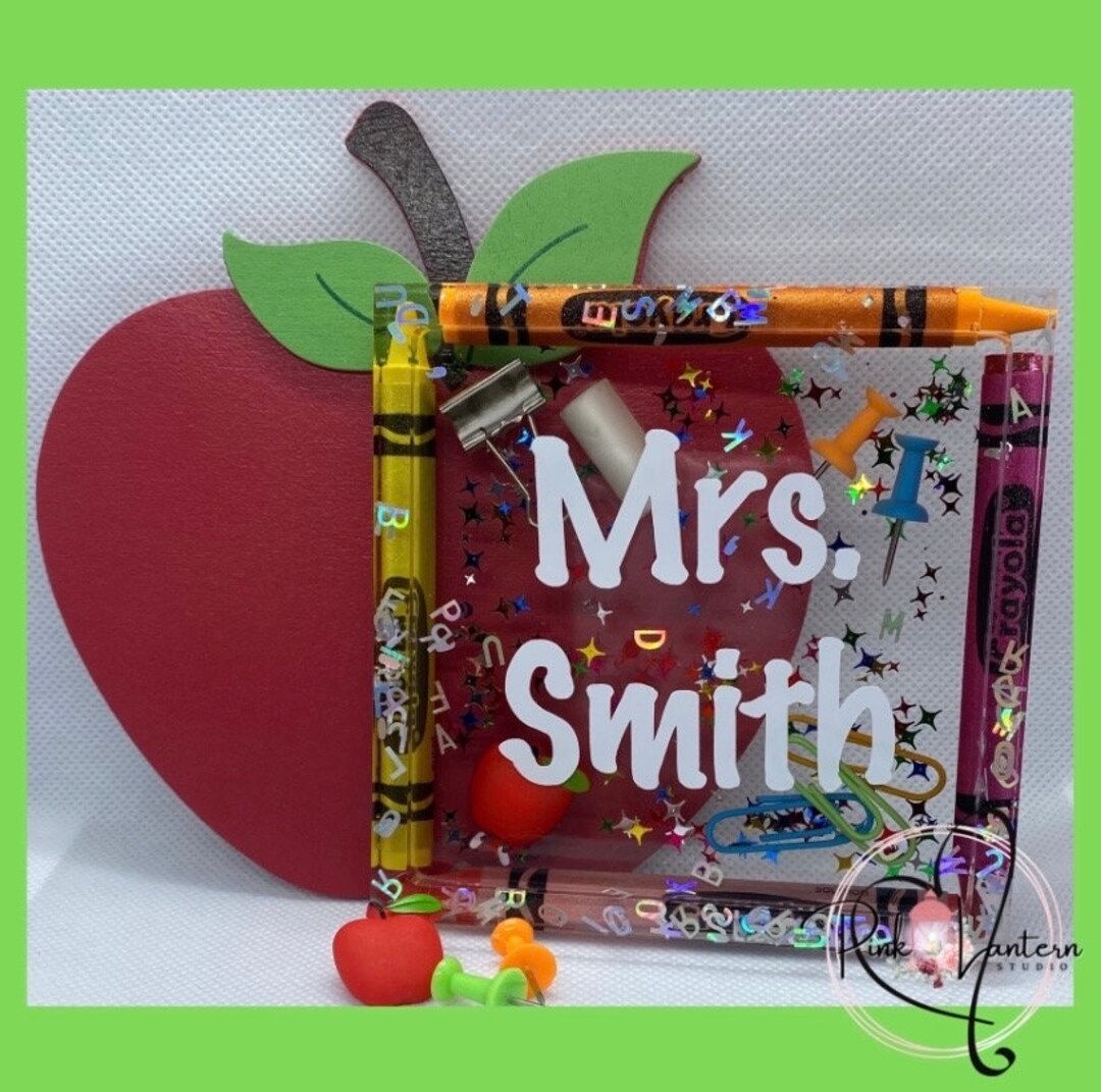 Square Epoxy Resin- Crayon Border W/apple Embellishment- Teacher ...