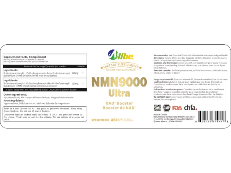 Allbe Nmn 9000 Ultra Capsules Nicotinamide Mononucleotide 150 Mg