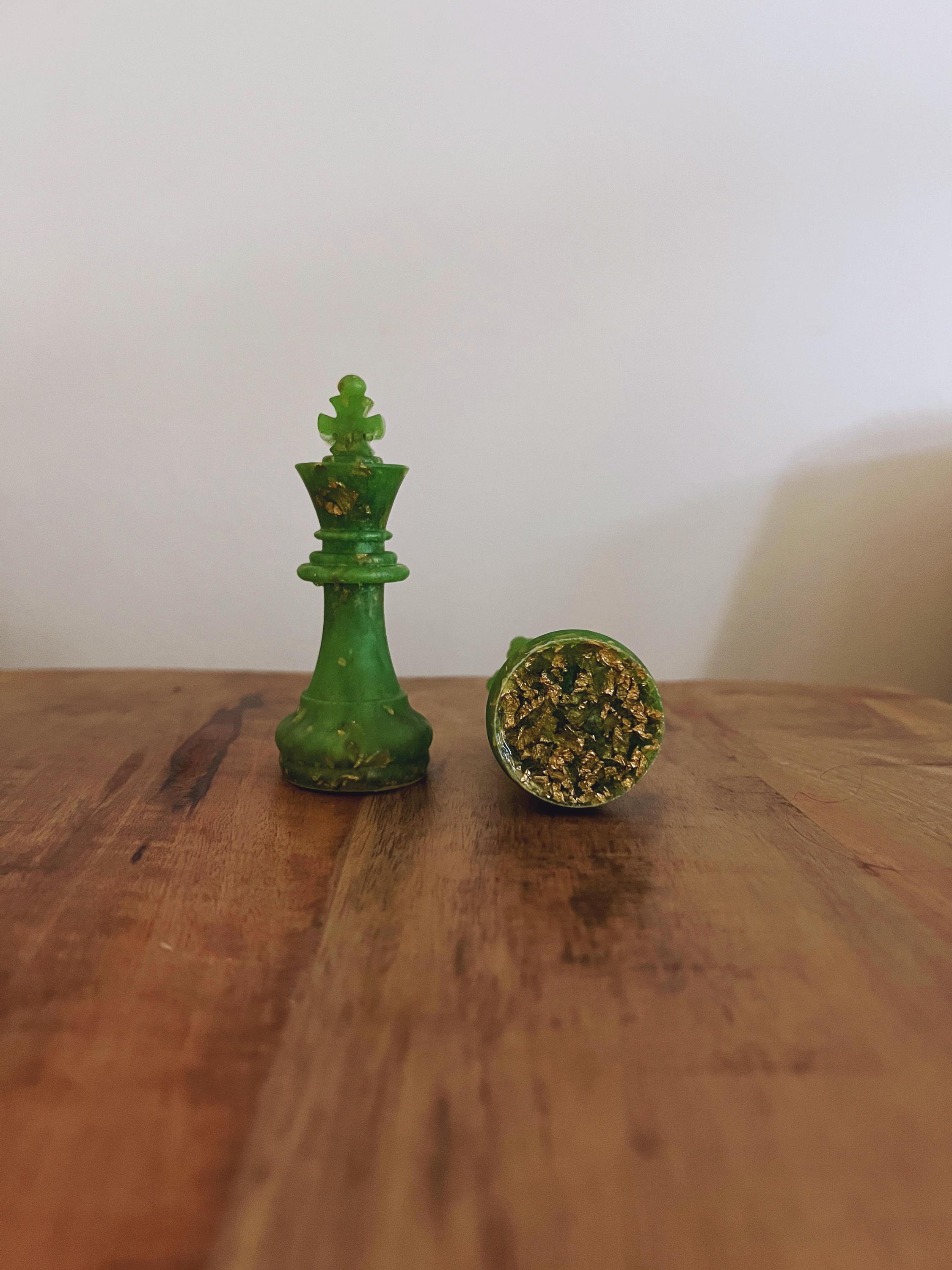 Perfectly Imperfect Green and Gold Chess Pieces Queen and King Chess ...