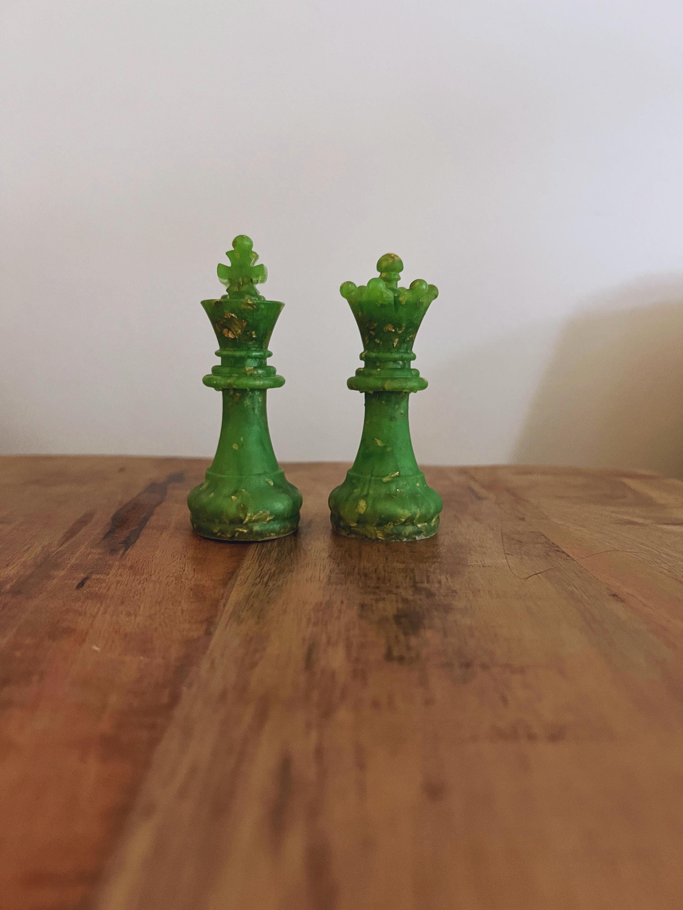 Perfectly Imperfect Green and Gold Chess Pieces Queen and King Chess ...