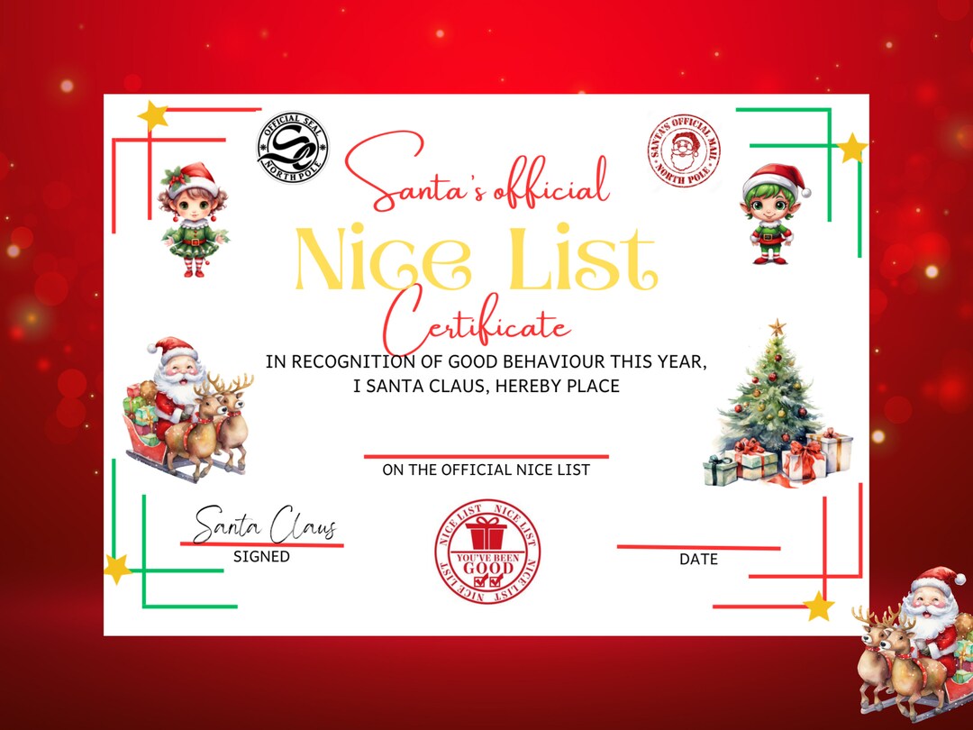 Santa Official Nice List Certificate, Letter From Santa, Santa Nice ...
