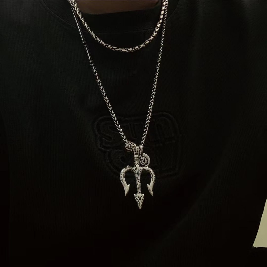 Vikings Trident Chain Necklace, Anchor Pendant, Waterproof Poseidon Trident, Mens Wheat Franco ...
