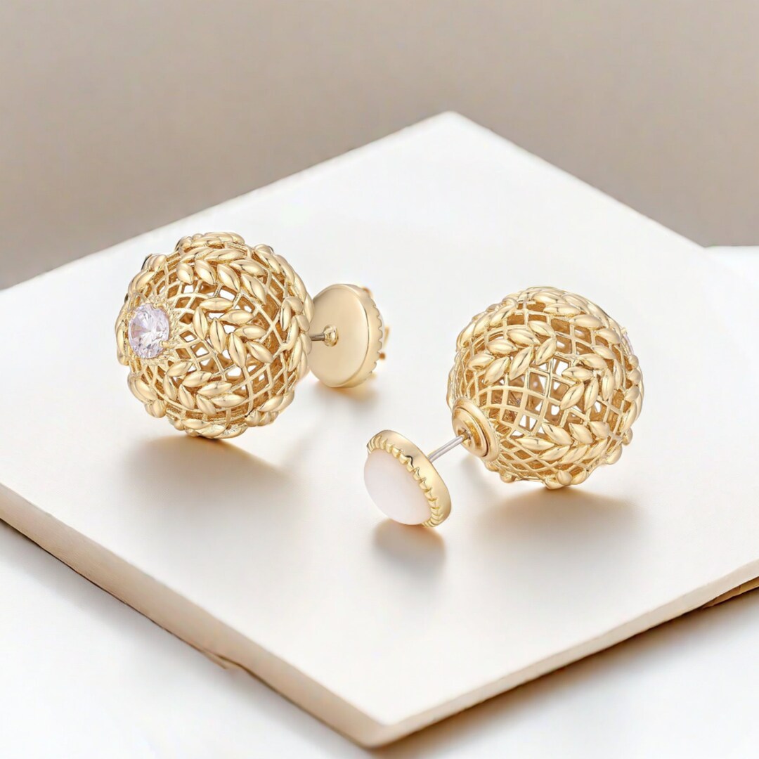 Gold Wheat Ball Back Earring, Double Sided Earring Gold, Hollow Front ...