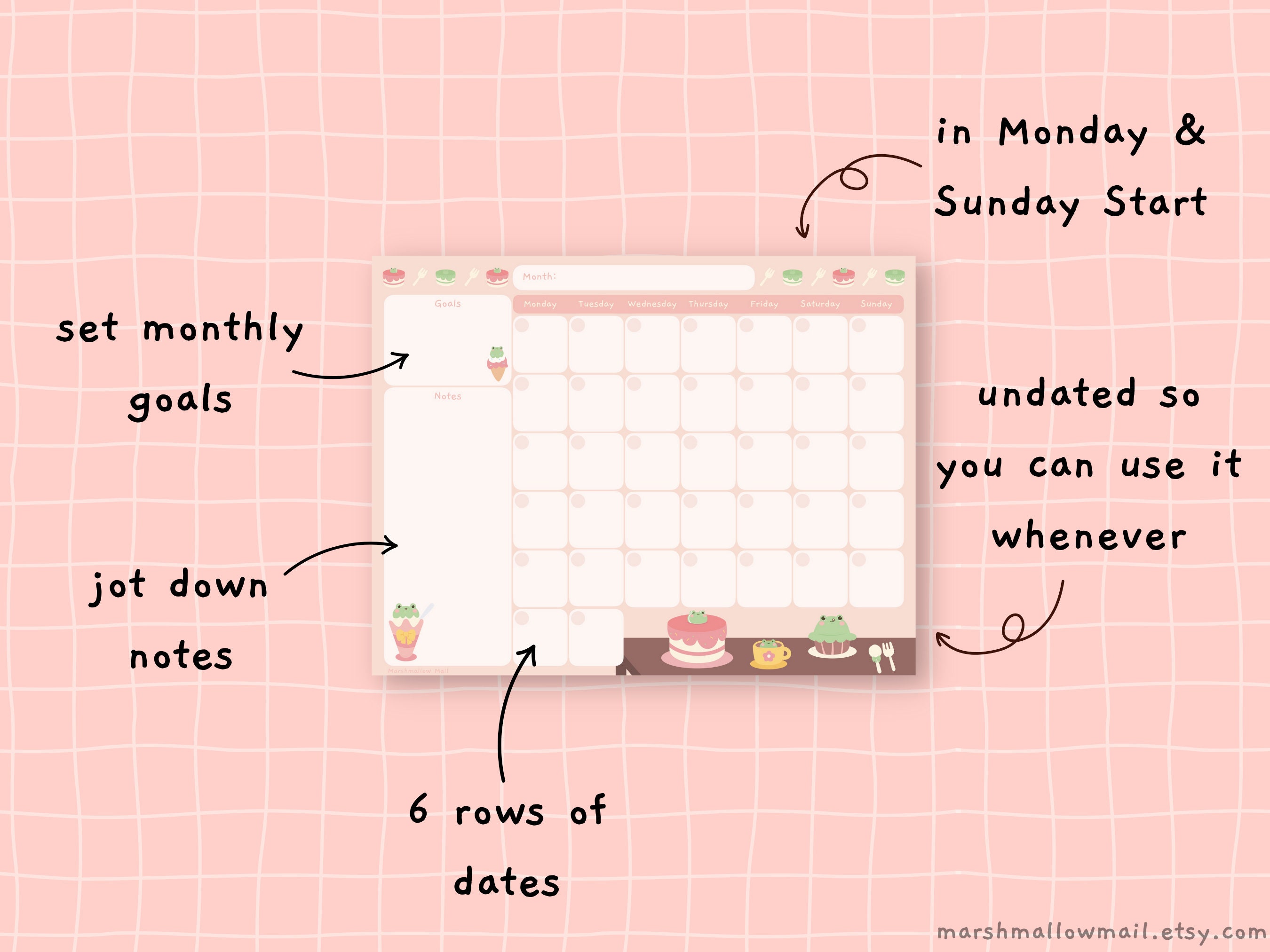 Printable Letter Monthly Planner, Cute Undated Calendar for Desk ...