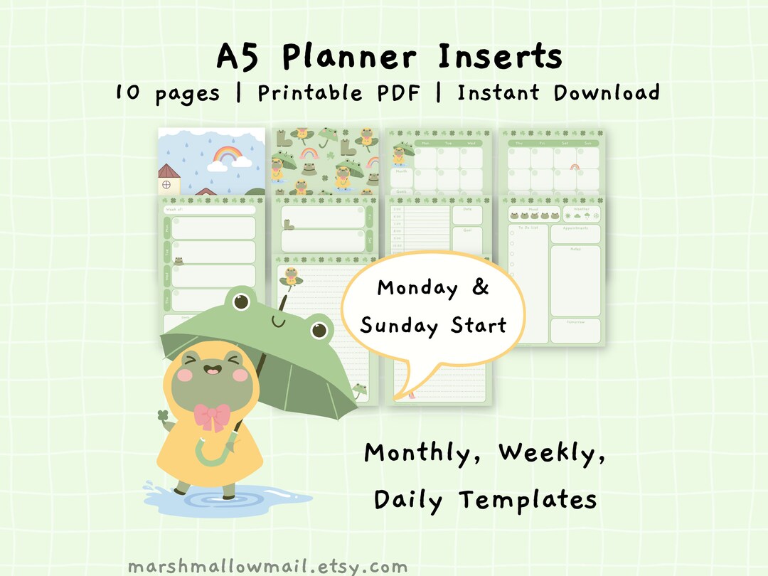 Printable Cute Planner Inserts, Undated A5 Month Week Daily Templates ...