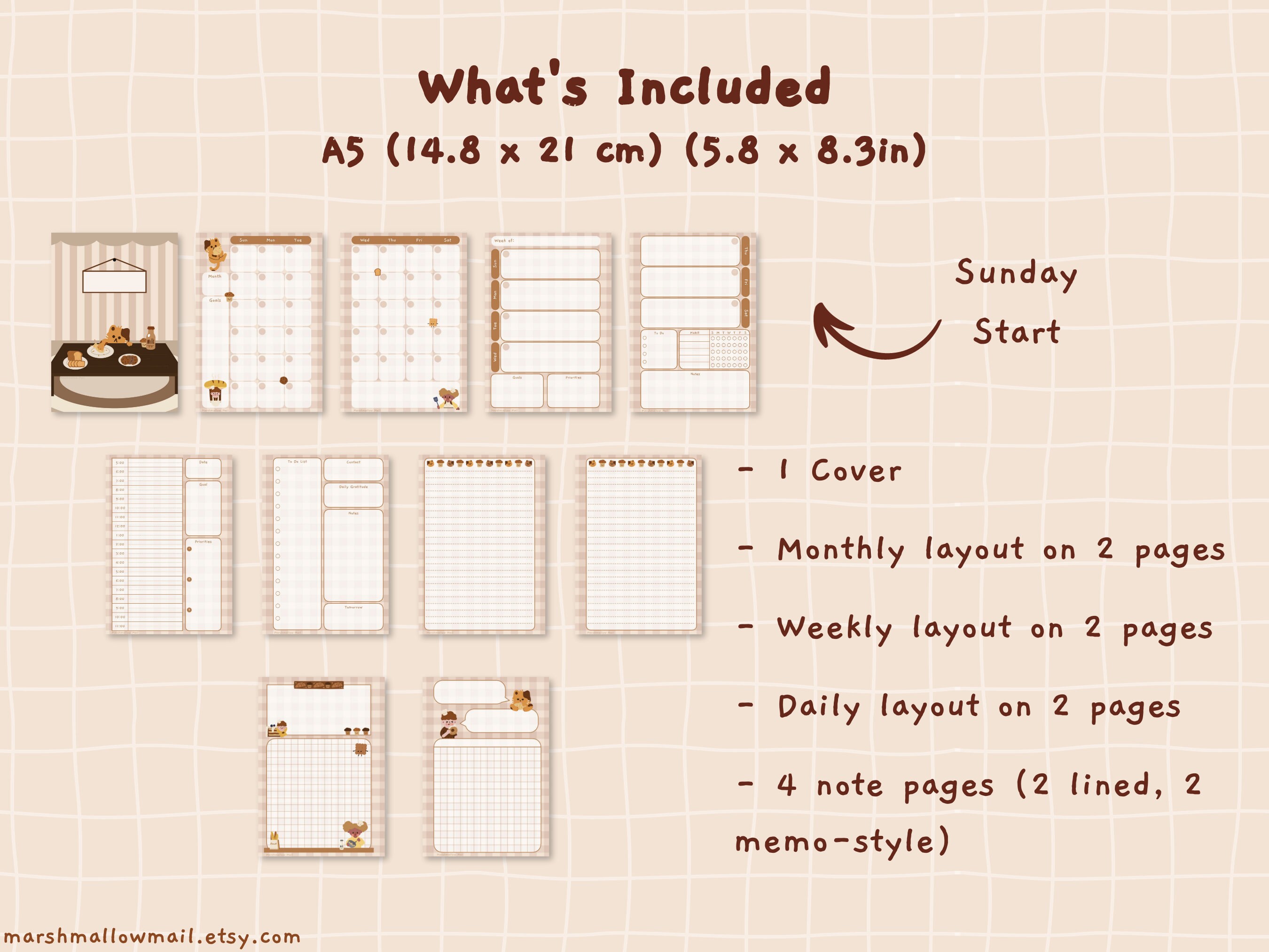Kawaii A5 Planner Inserts, Undated Monthly Weekly Daily Templates ...