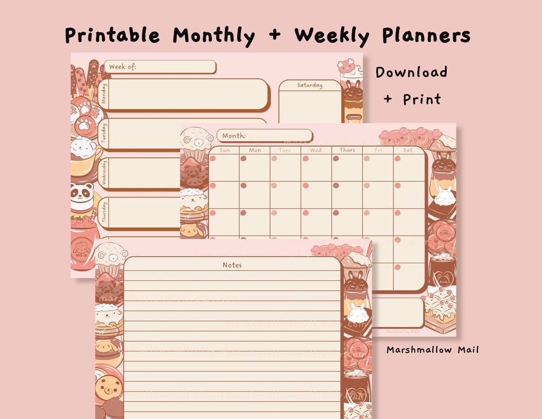 Printable Kawaii Animal Cafe Monthly Calendar Printable Weekly Planner ...