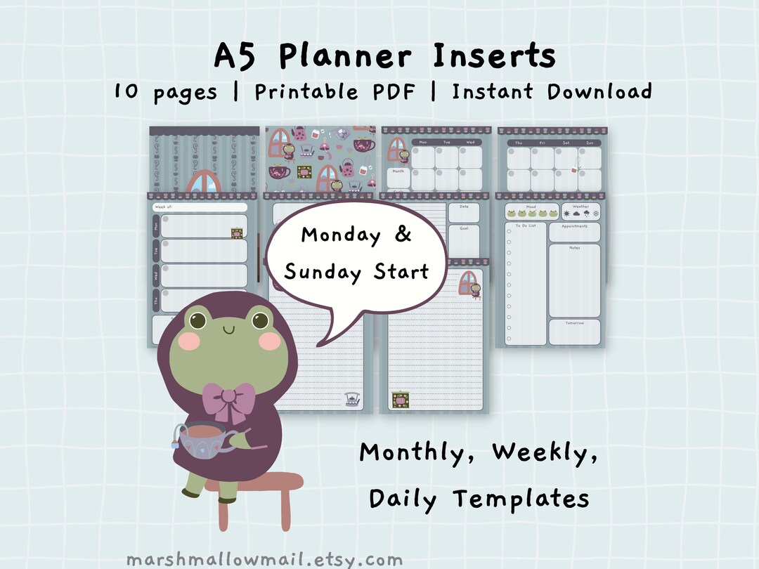 Cute A5 Printable Planner Inserts, Undated Month Week Daily Templates ...