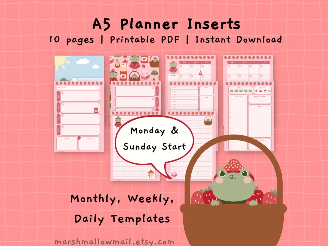 Printable Undated A5 Planner Inserts, Cute Month Week Daily Templates ...