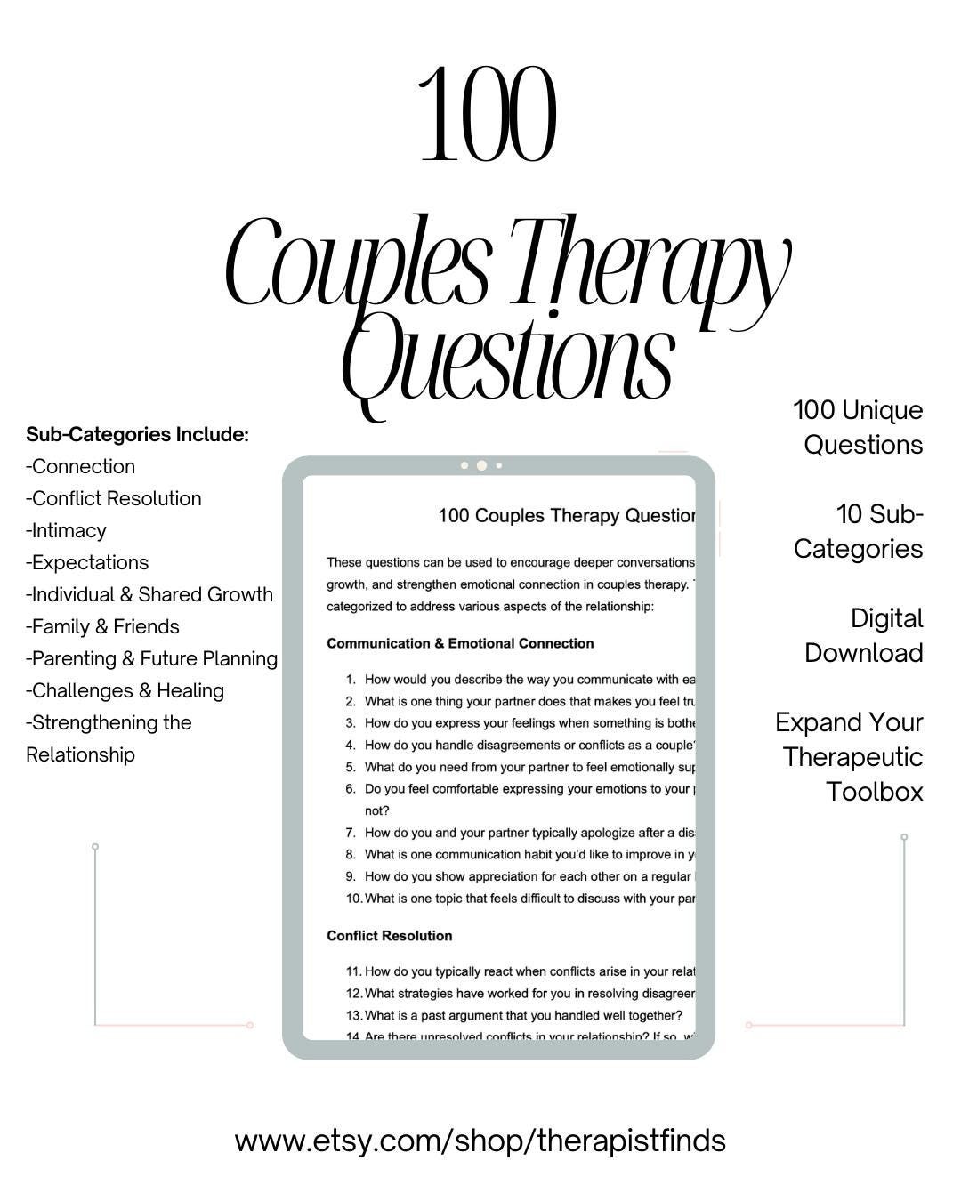 100 Couples Therapy Questions | Marriage Therapy Tools | Therapy Notes ...
