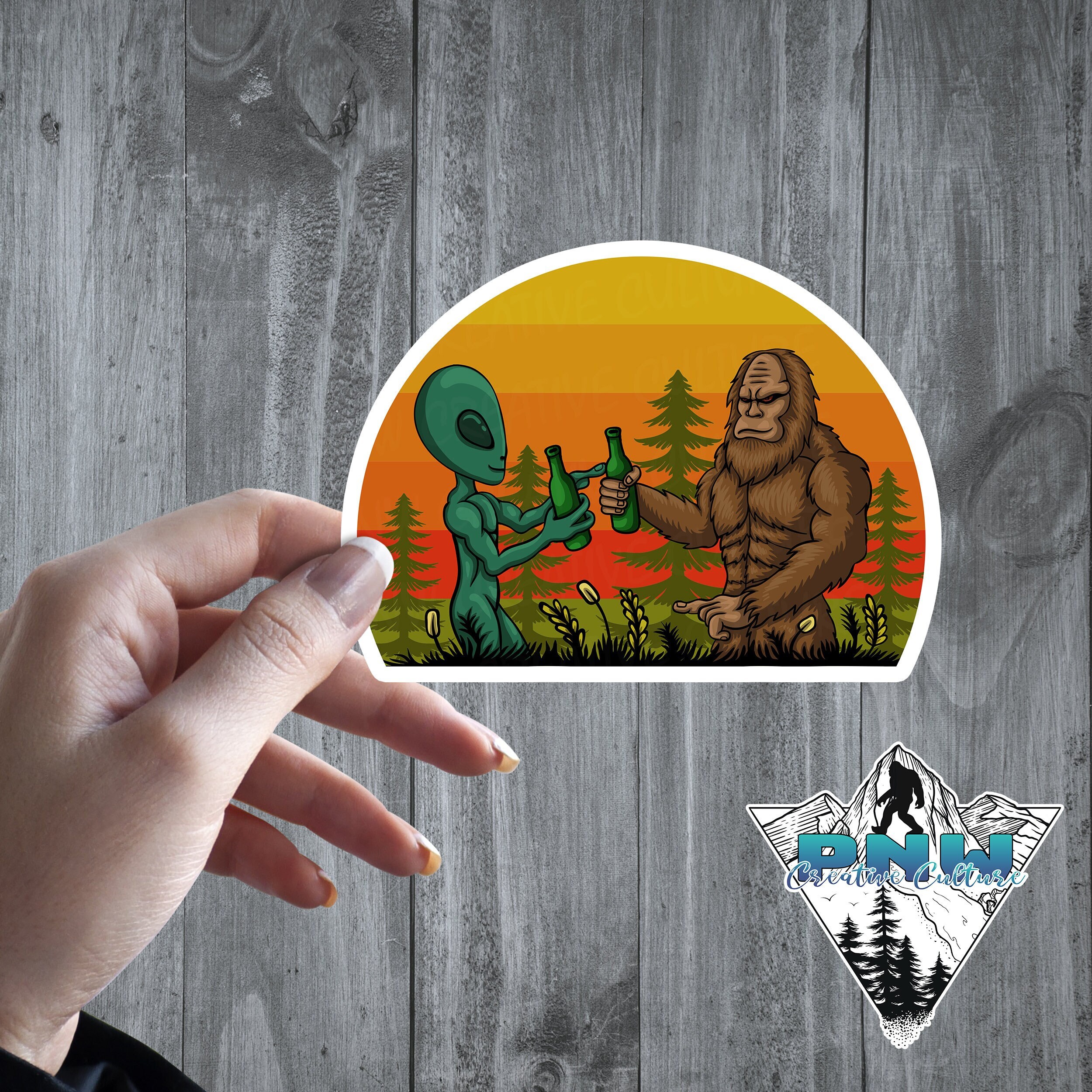 Bigfoot Drinking With Alien - Sticker - High Quality & Water Resistant ...