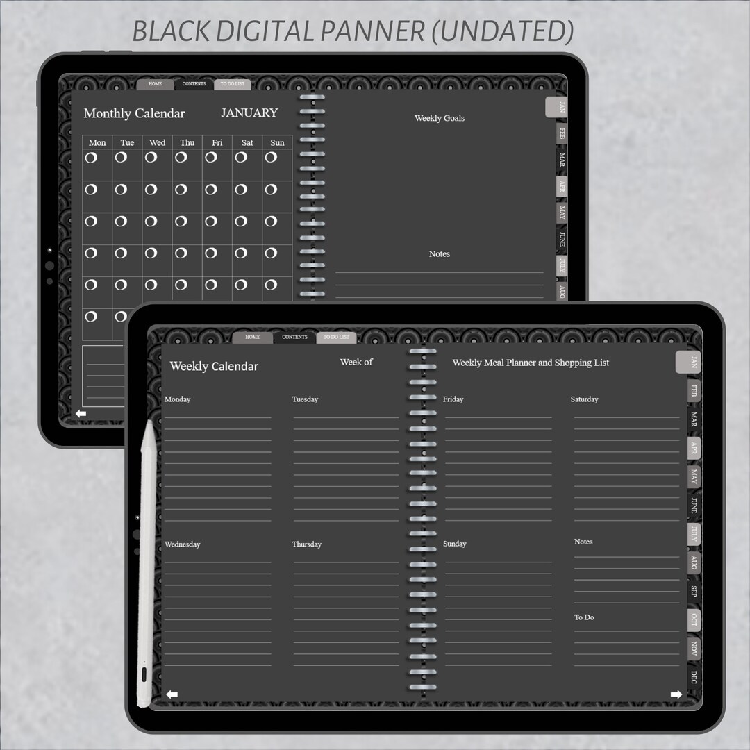Simple Black Digital Planner, Weekly/monthly/yearly, Goodnotes, iPad ...