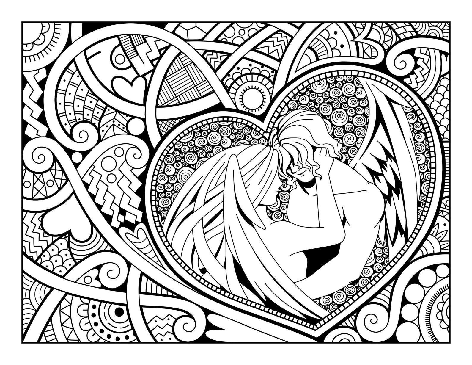 Intricate Heart Angels Coloring Page - Etsy