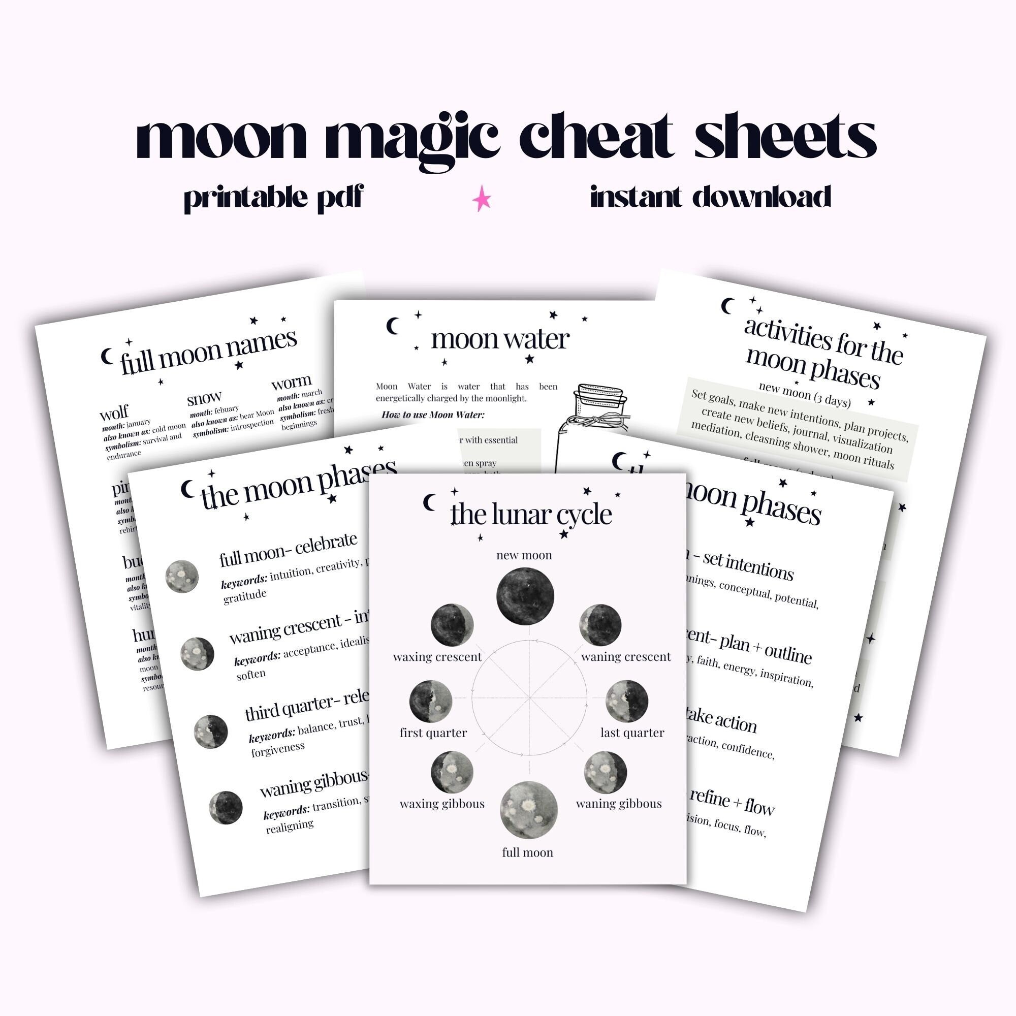 Moon Magic Cheat Sheets Printable Grimoire Pages Lunar Magic Guide US ...