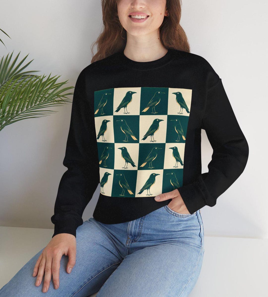 Cozy Crow Sweatshirt Bird Lover's Graphic Raven Pullover Checkered Crow ...