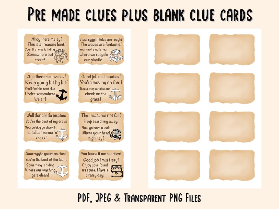 Pirate Treasure Hunt Clues. Printable Clues for Kids. A4. PDF, JPEG and ...