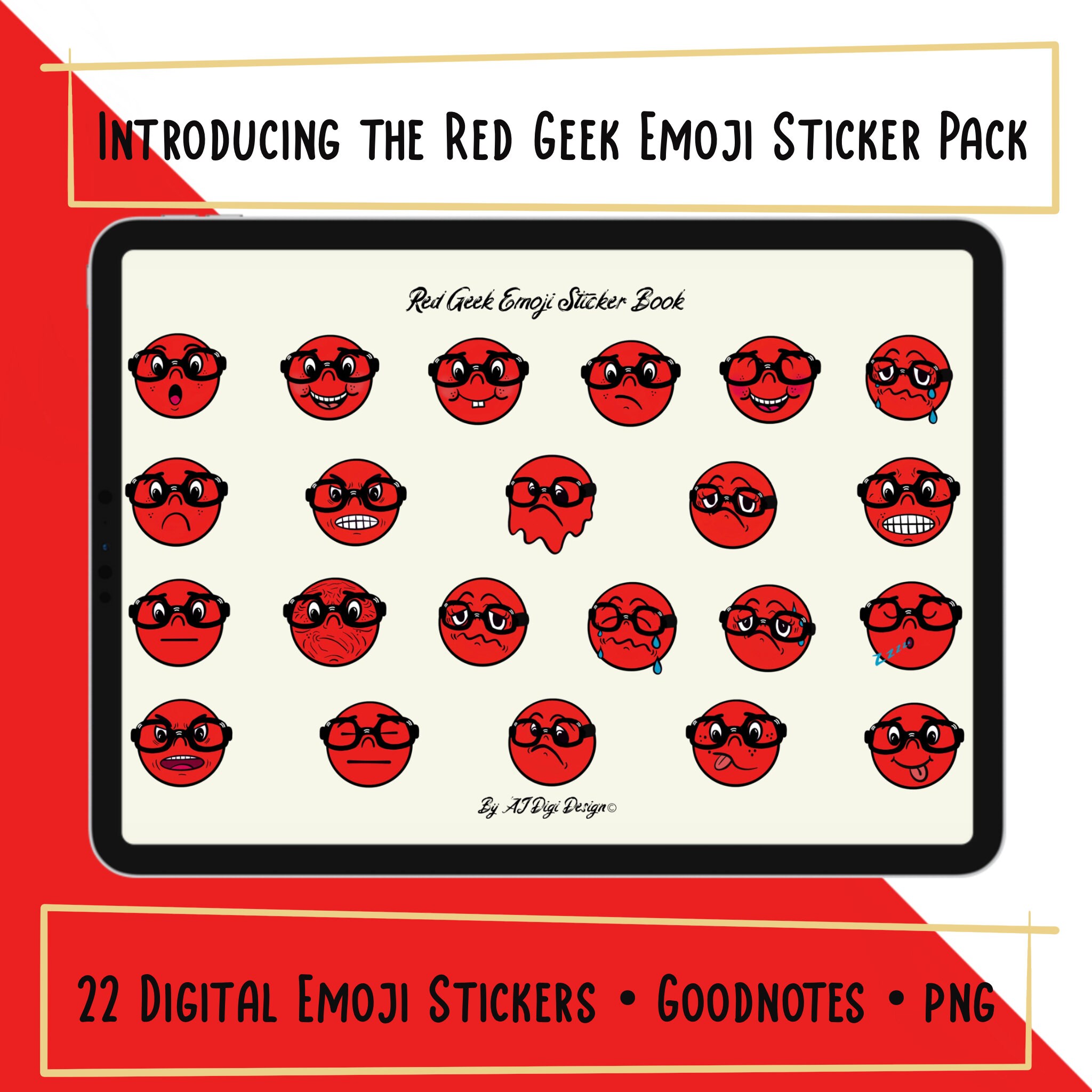Geek, Nerd Emoji Clipart Stickers, Red With Glasses, Digital Smiley ...