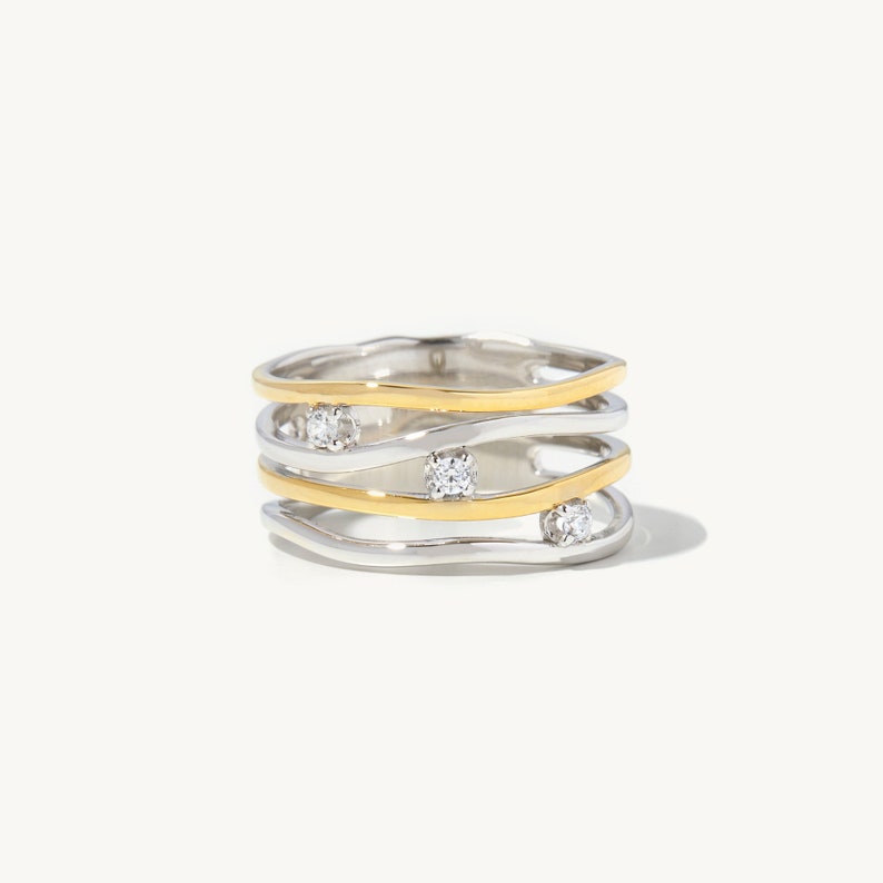 925 Sterling Silver 14K Yellow Gold Multi Stone Ring, Mixed Metal Ring ...