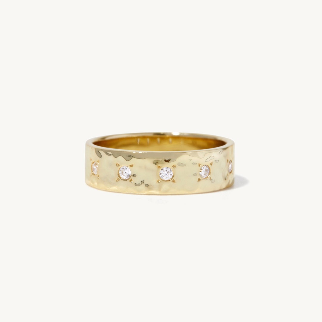 Handmade Hammered Minimal Band Ring Made of 14K Yellow Gold Set With ...